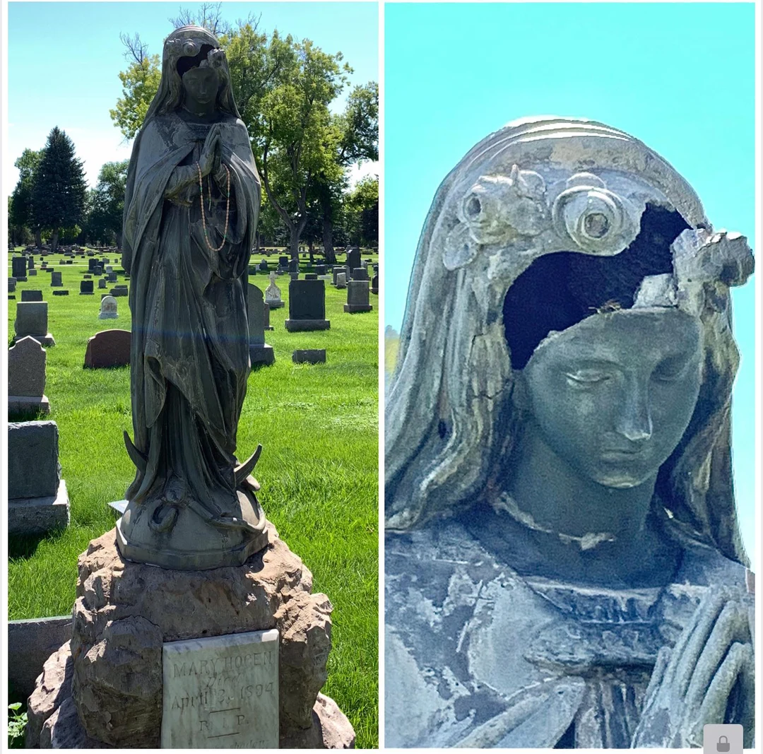 Mt. Olivet cemetery - Fairmont, CO - wasps created a hive in the head of the statue | Scrolller