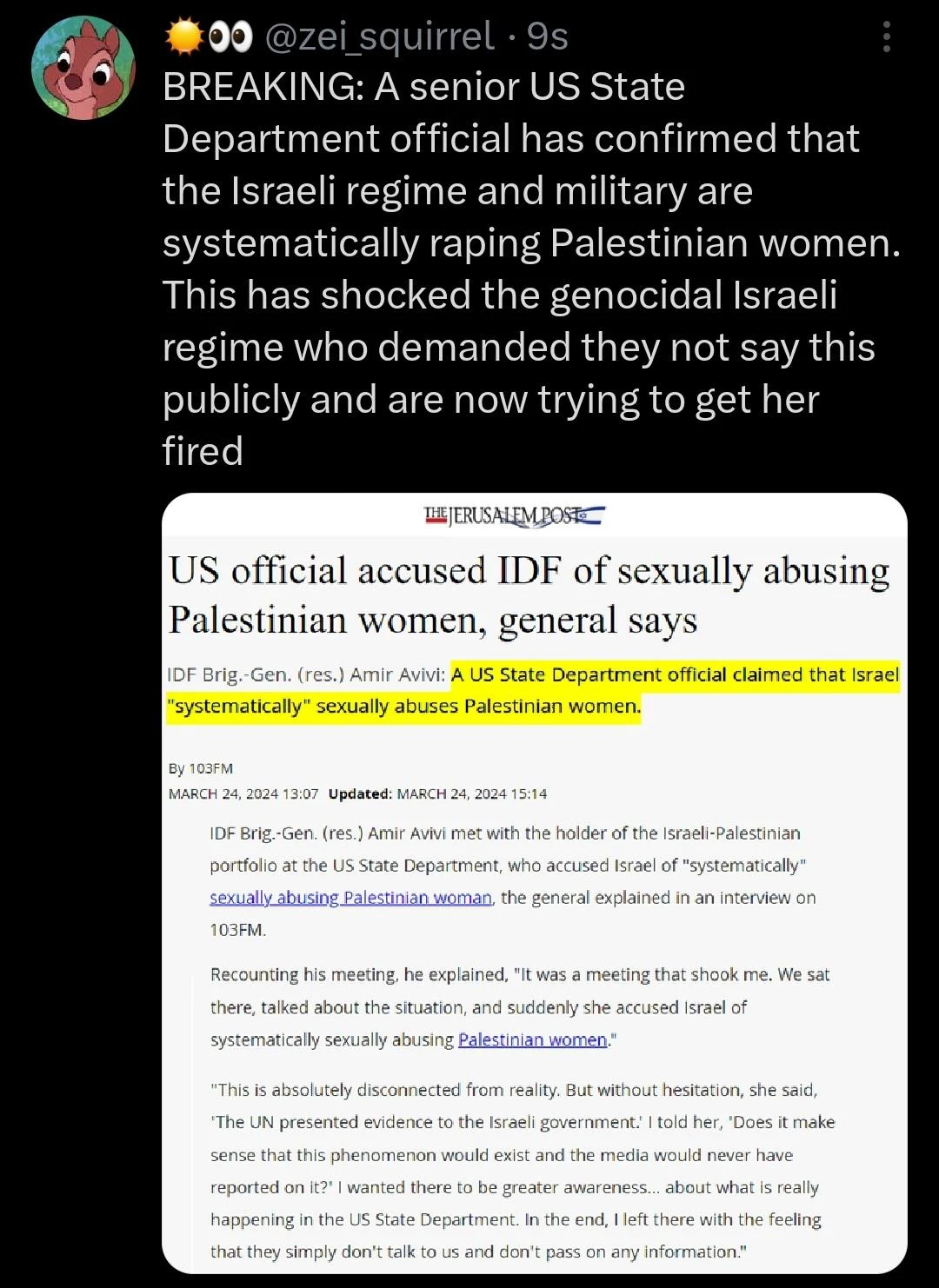 US State department has accused isreal of systematically raping Palestinian women, in private ...