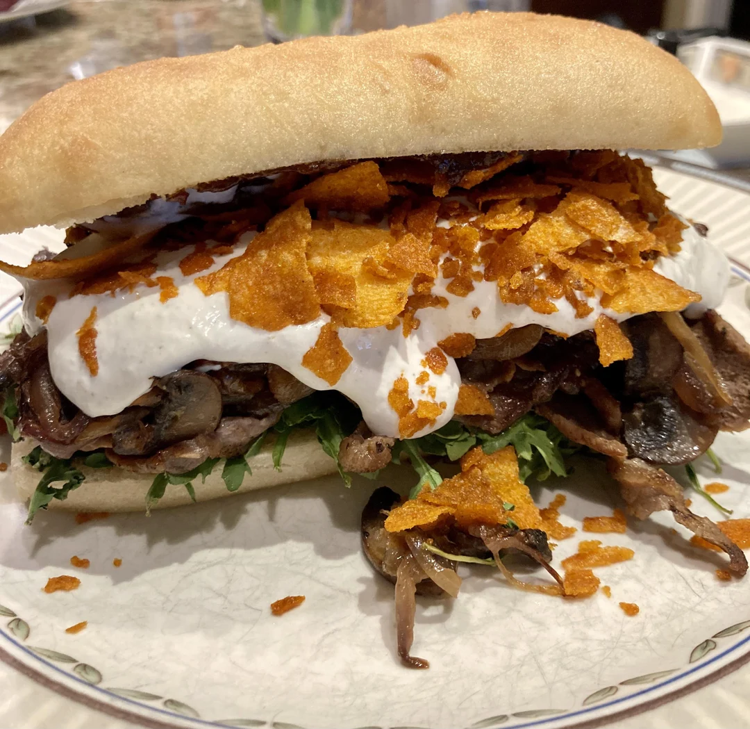 Steak sandwich with horseradish sauce and Grippos bbq chips | Scrolller