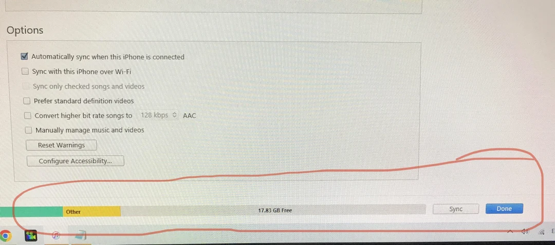 On iTunes what is this bar at the bottom telling me? Says 17.83 GB free but where is that? When ...
