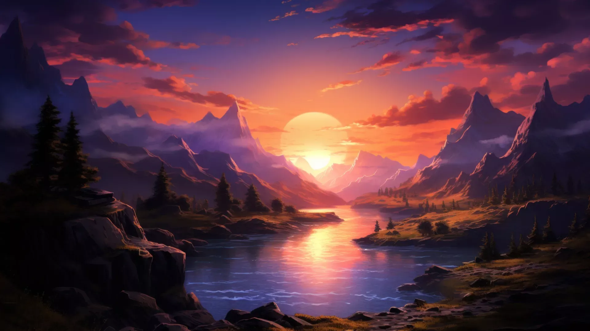 Lake Mountains Sunset AI Generated [1920x1080] | Scrolller