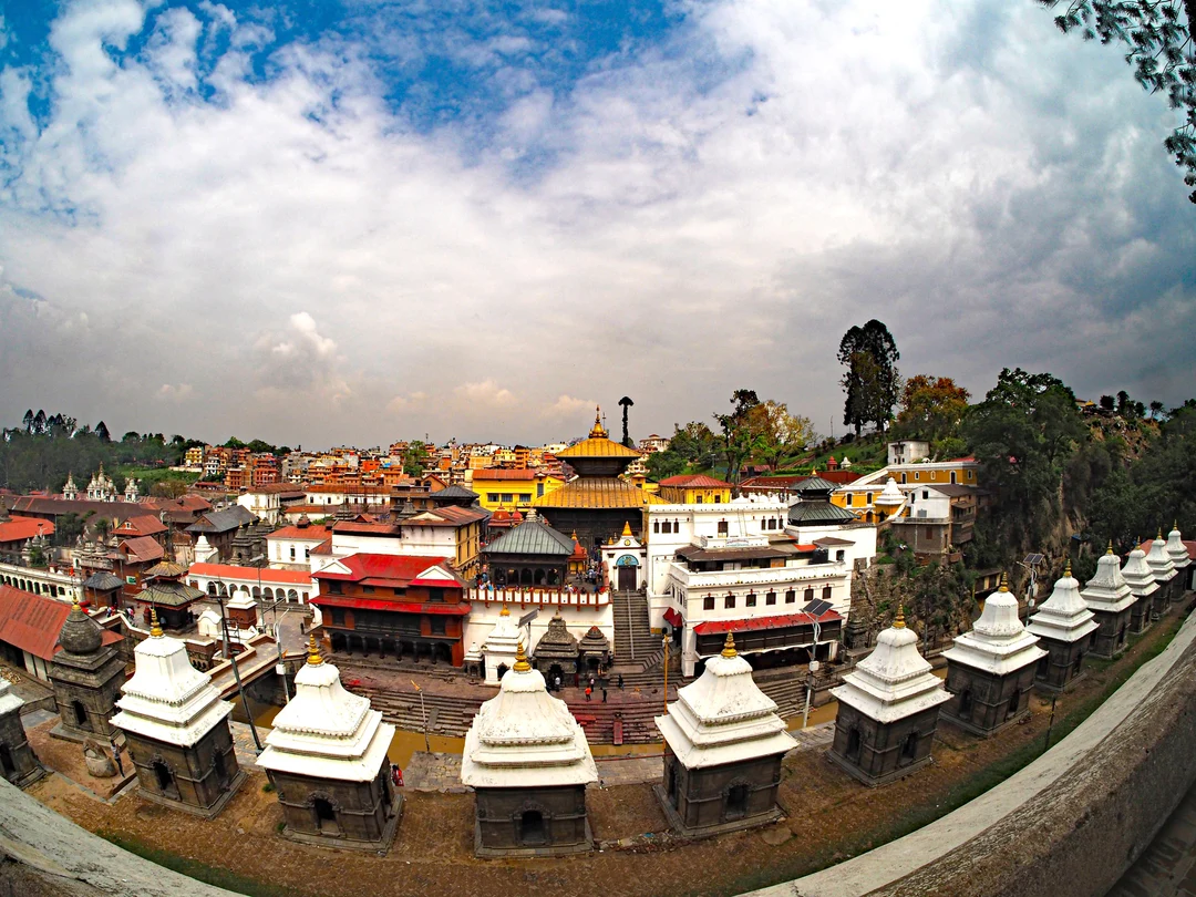 Kathmandu, view over the eastern part of the city, with Pashupatinath temple, dedicated to Shiva ...