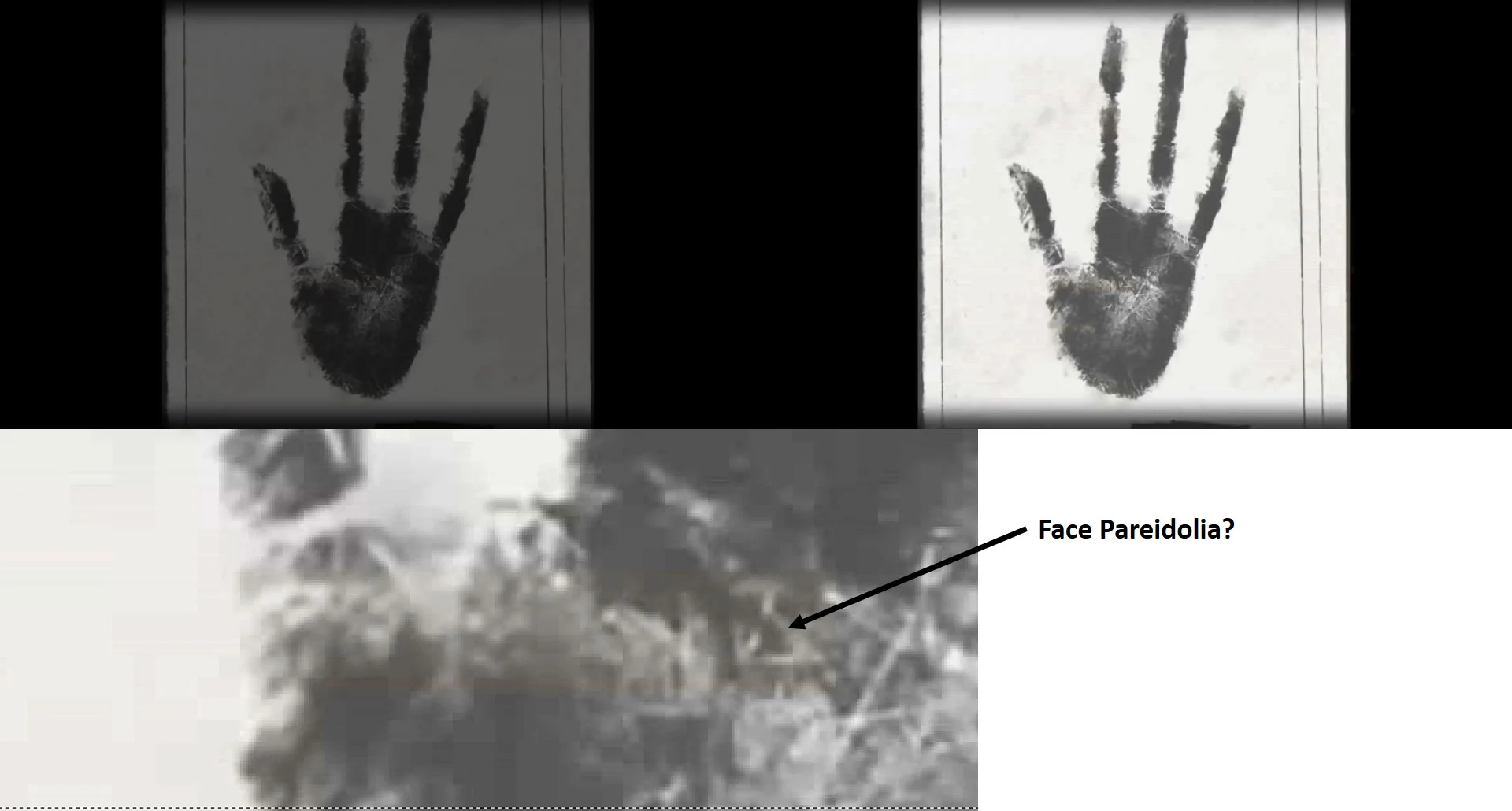 Anomalies in Skinny Bob's Handprint - discoloration in lower left, and face pareidolia in ...