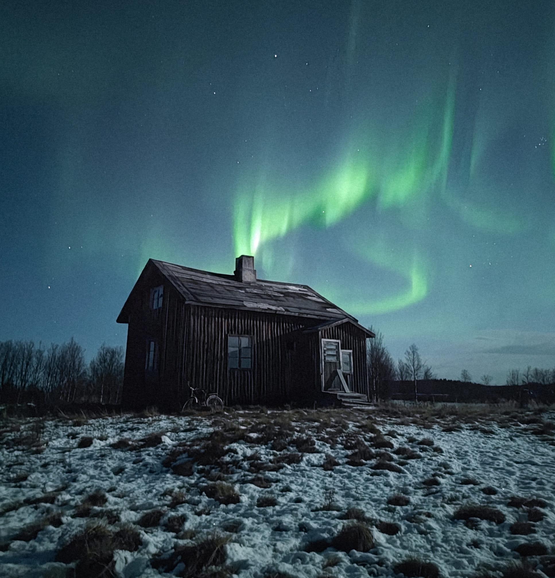 As if the last life of the house leaves with the Northern Lights through the chimney, Lapland ...
