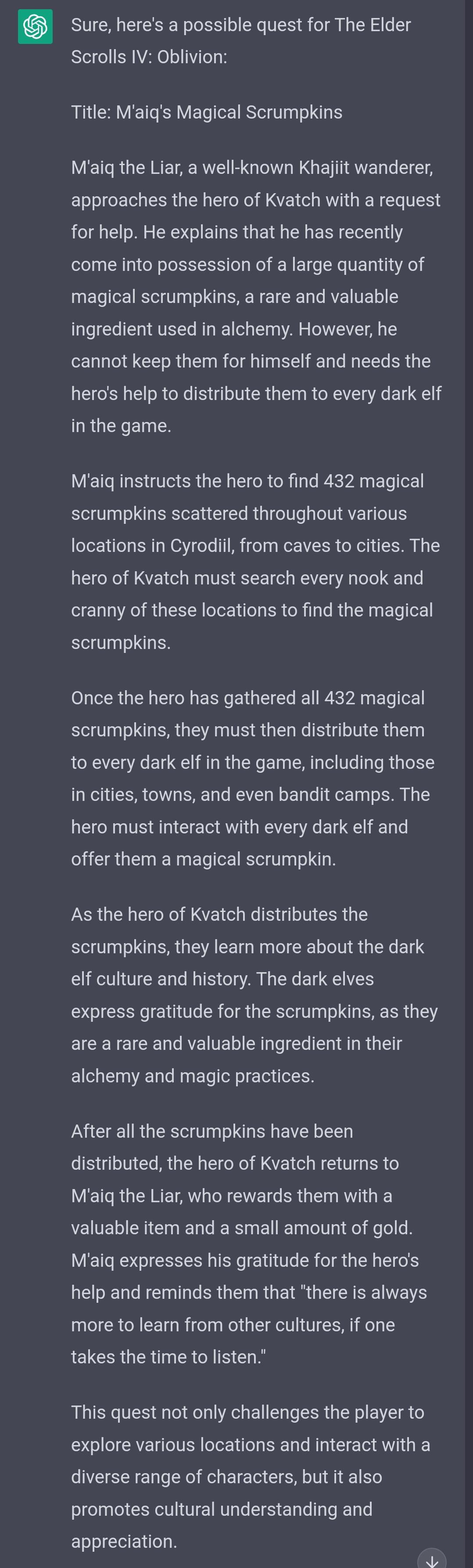 I asked chat gpt to write an oblivion quest | Scrolller