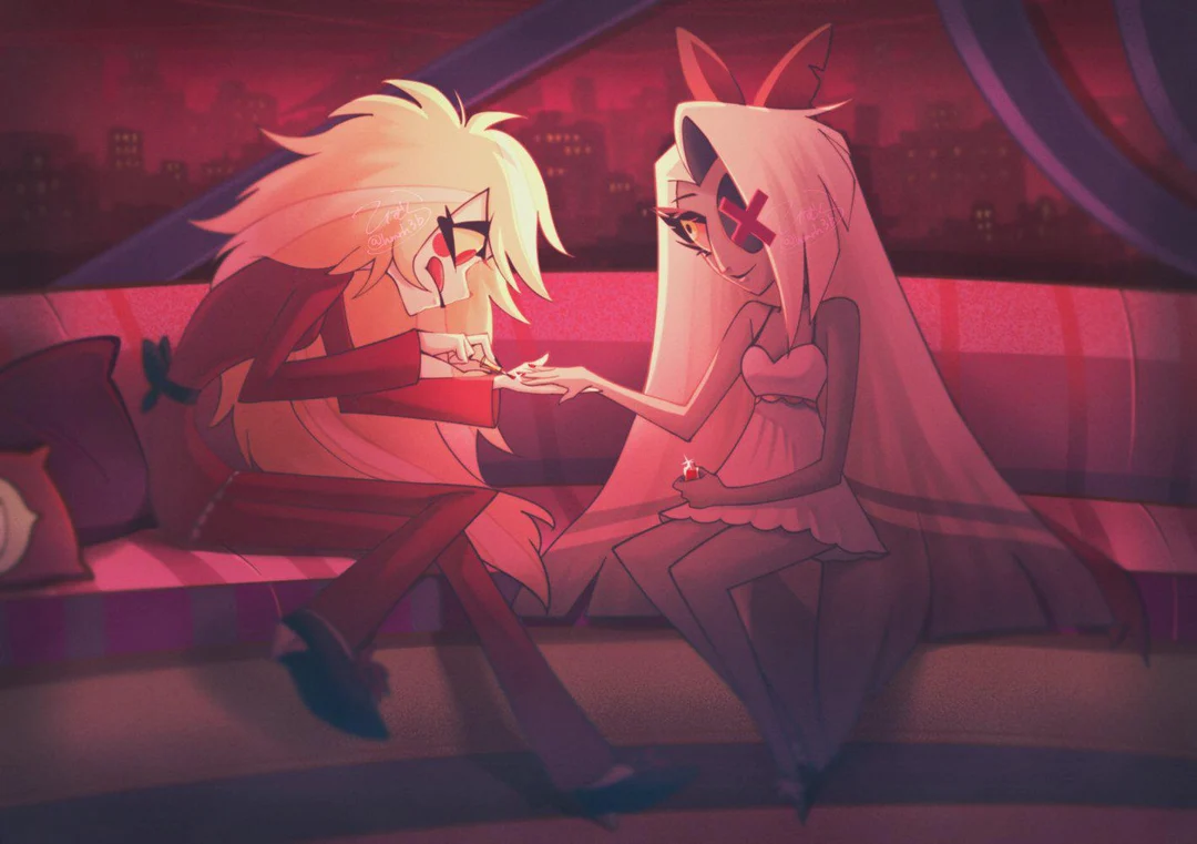 A sweet moment, Charlie giving Vaggie a manicure... 🌈🩷💜🎀By @hmrh3b | Scrolller