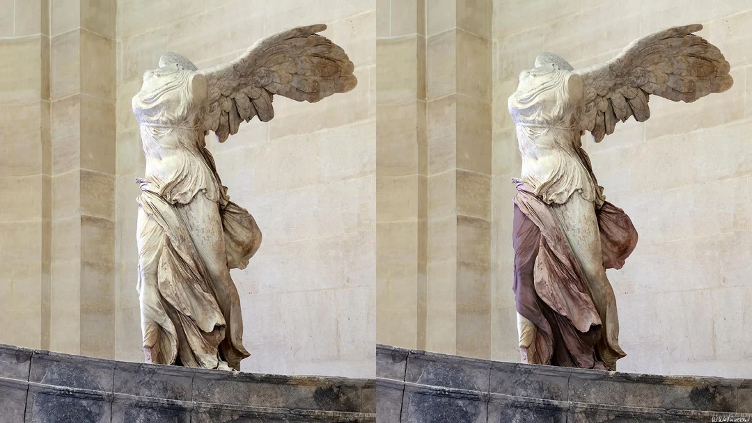 Winged Victory of Samothrace real and hued, Greece, c. 200 BC. Louvre Museum [1920x1080] | Scrolller
