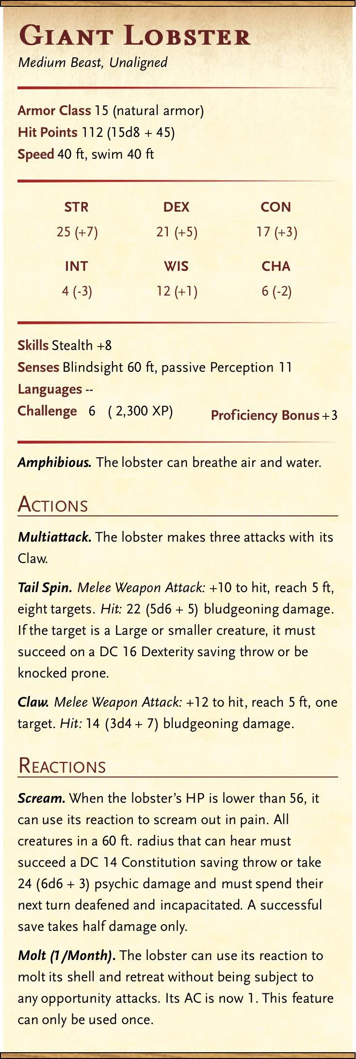 Giant Lobster Stat Block | Scrolller