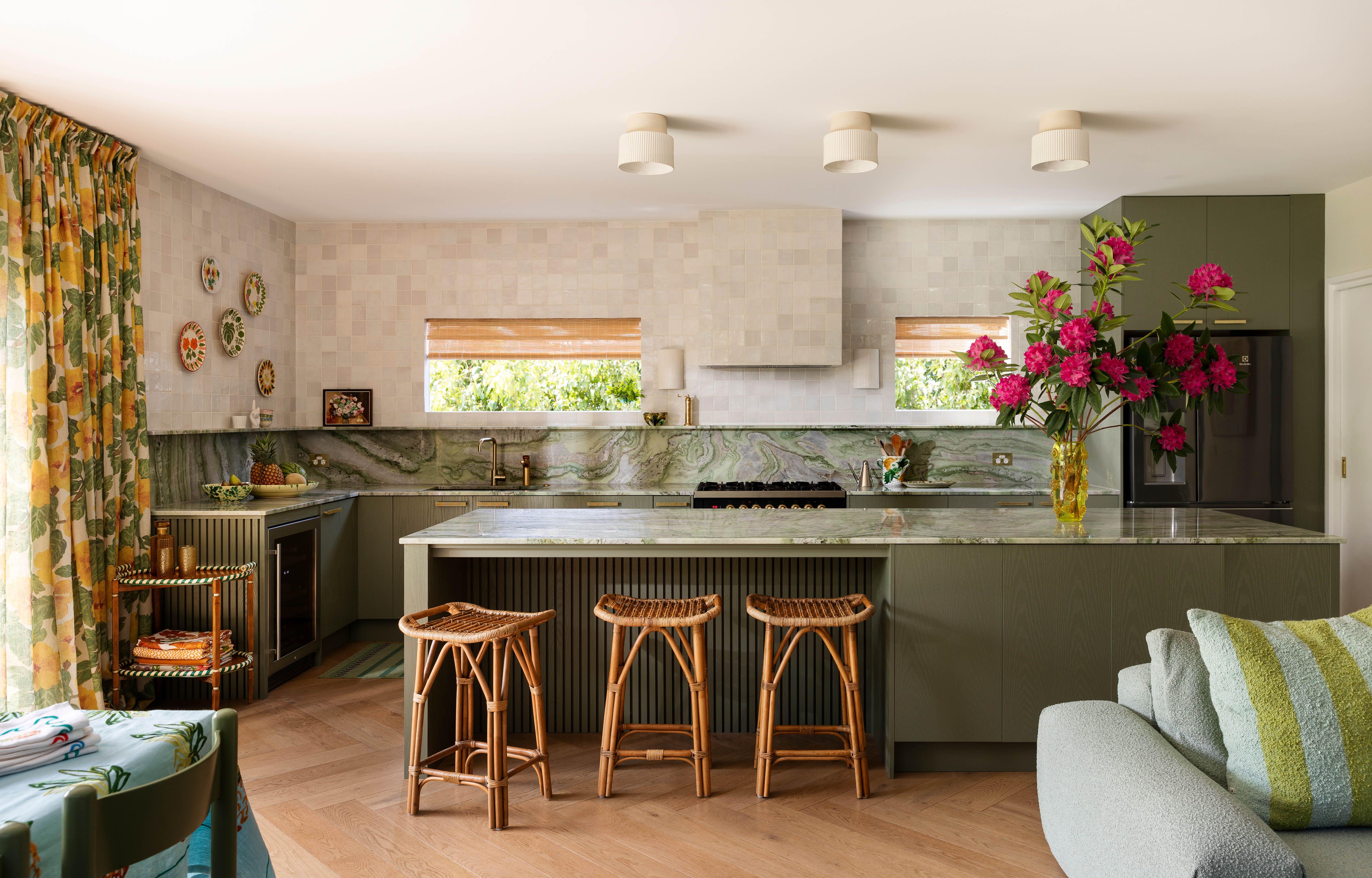 Belize Quartzite backsplash and countertop kitchen in a renovated 1940s California bungalow ...