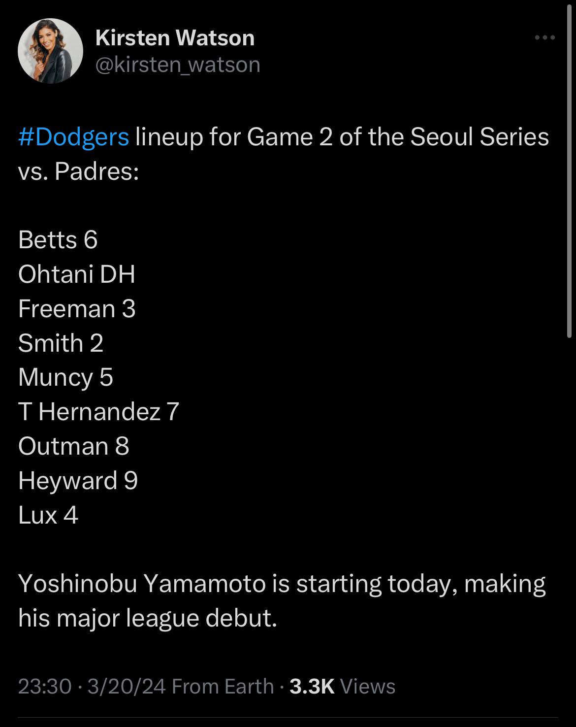 Today’s (tomorrow’s?) lineup, per Kirsten. Yamamoto’s regular season debut! | Scrolller