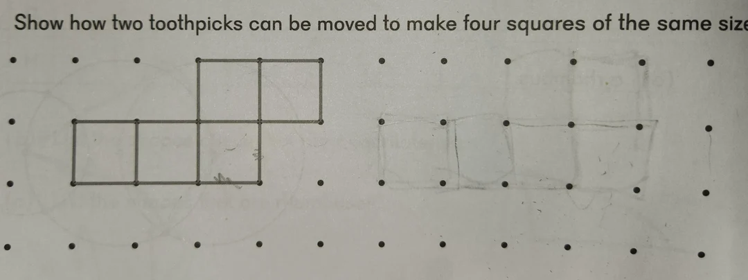 My 3rd grader's math homework. Move two toothpicks to make four equal squares. | Scrolller
