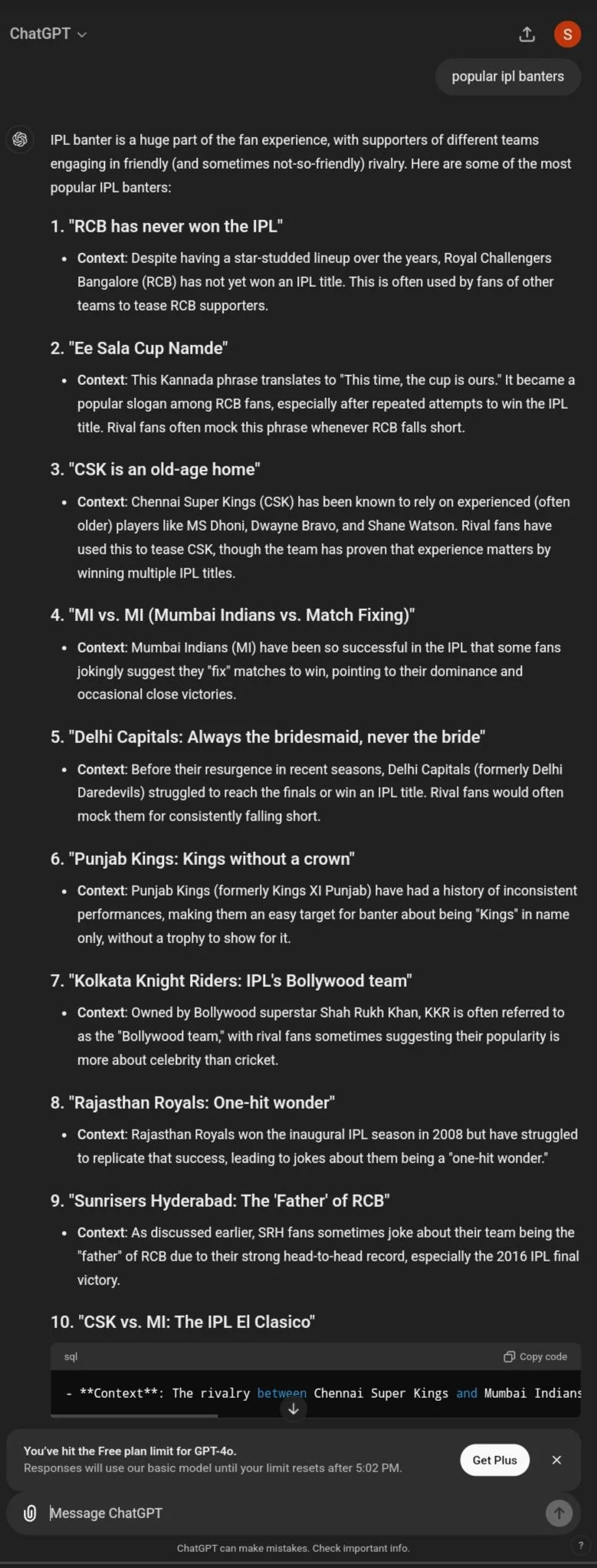 Chat gpt about top ipl banters and trolls | Scrolller