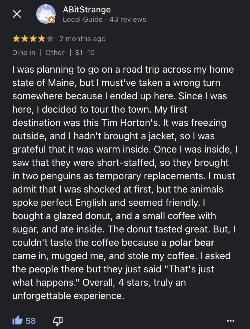 This review for a Tim Hortons in the most northernmost city in Canada | Scrolller