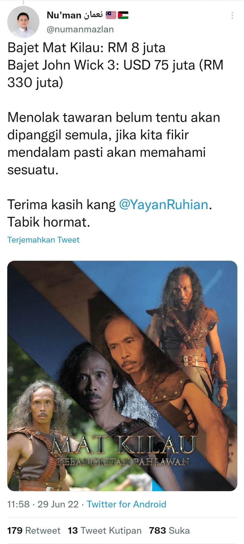 TIL that Yayan Ruhian was one of the cast of Malaysian movie "Mat Kilat: Kebangkitan Pahlawan ...