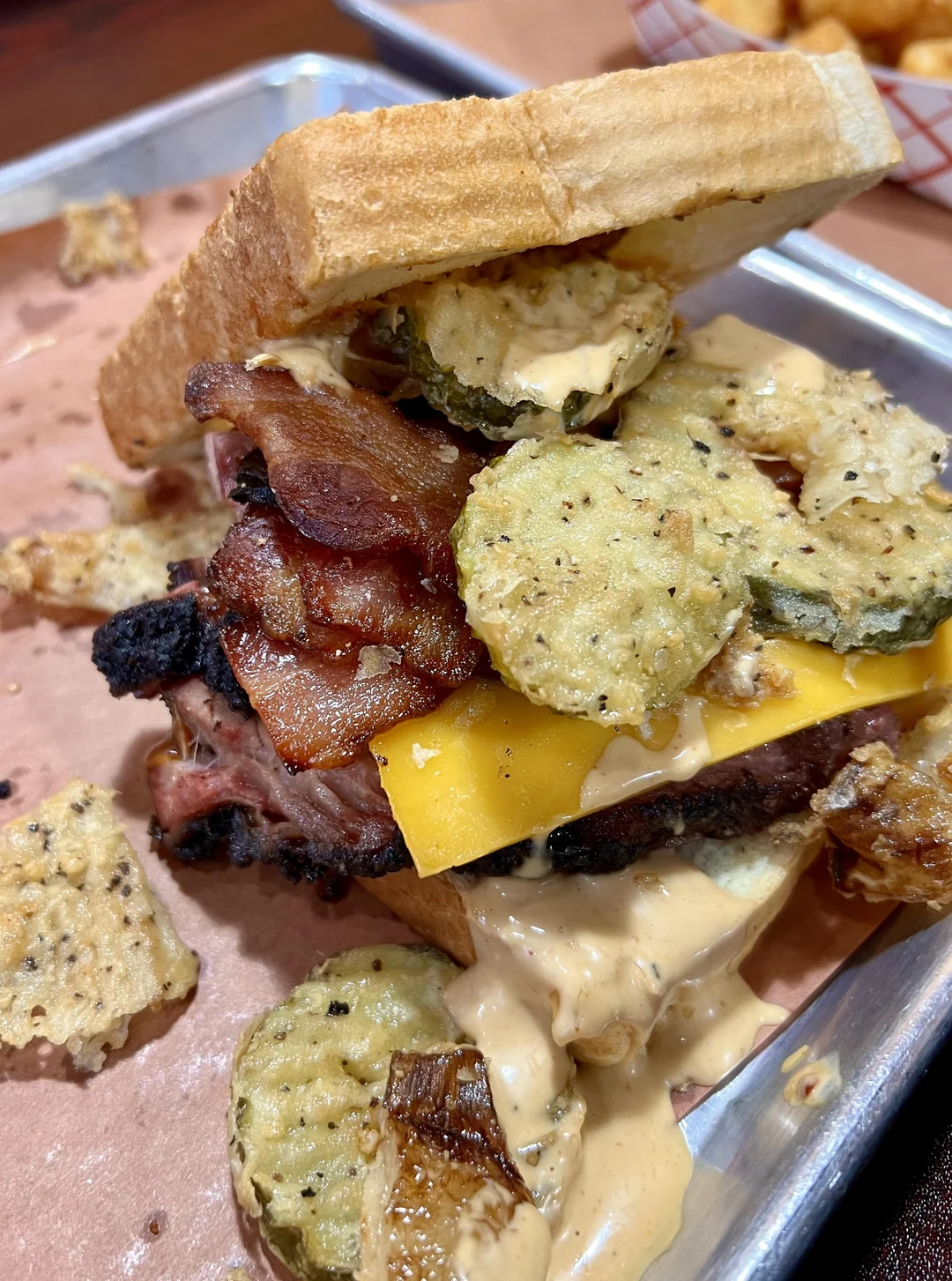 Texas Home Wrecker- Brisket, Bacon, Cheddar, Fried Onions, Fried Pickles | Scrolller