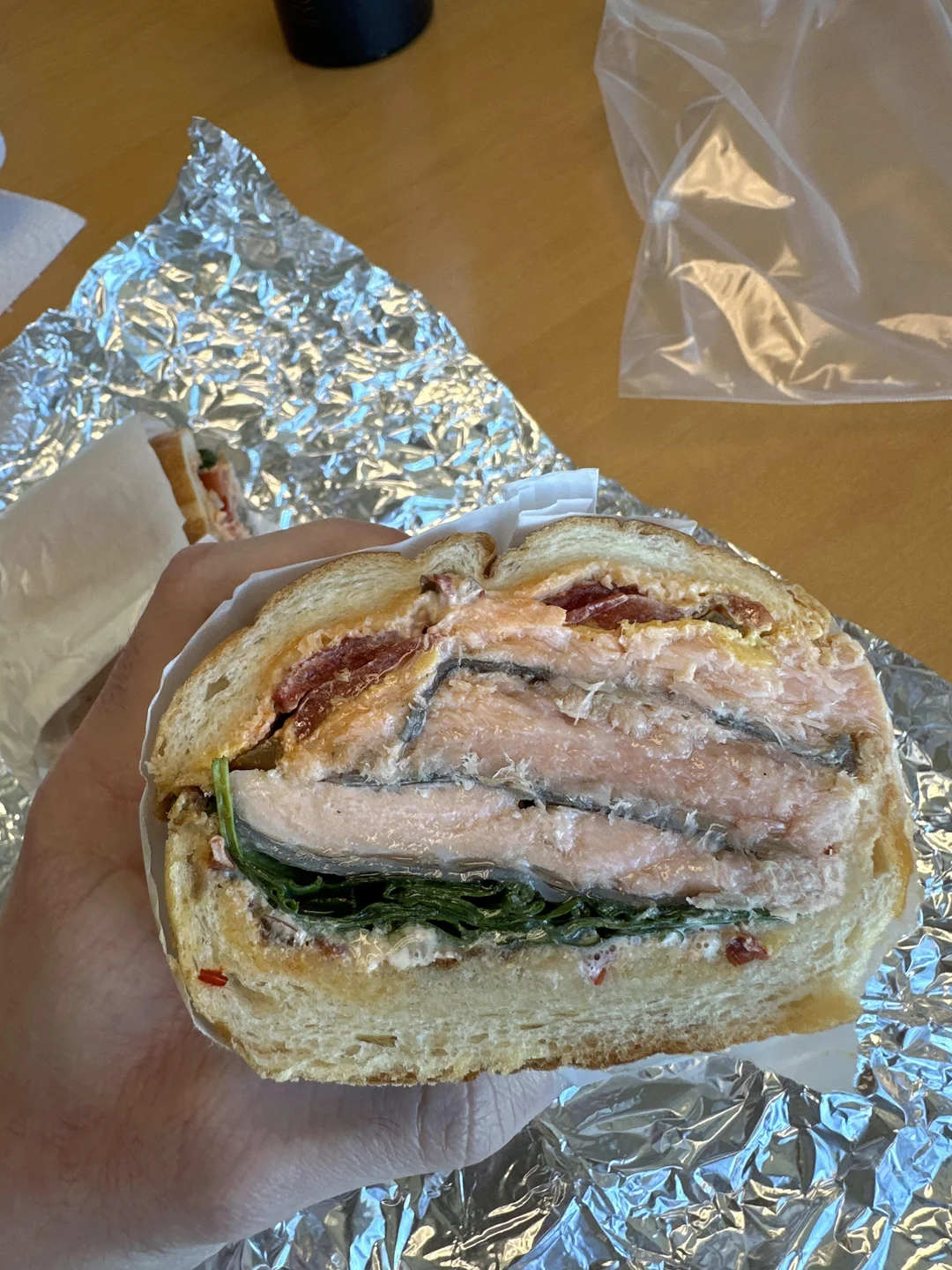 Salmon, Assorted Pickled Veggies, Spinach, & Cherry Pepper Mayo on Italian Bread | Scrolller