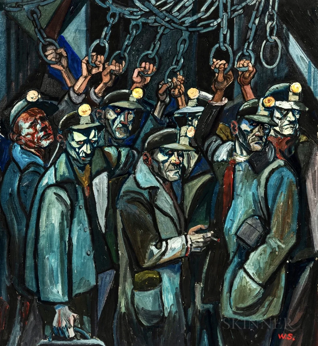 Miners Going Underground, William Sharp, Oil on Canvas, 1960 | Scrolller