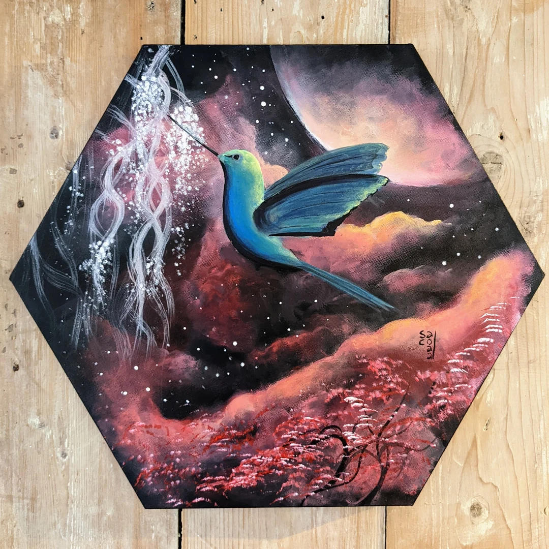 Moonlight Hummingbird, by me, acrylic on hexagonal canvas, 2022 | Scrolller