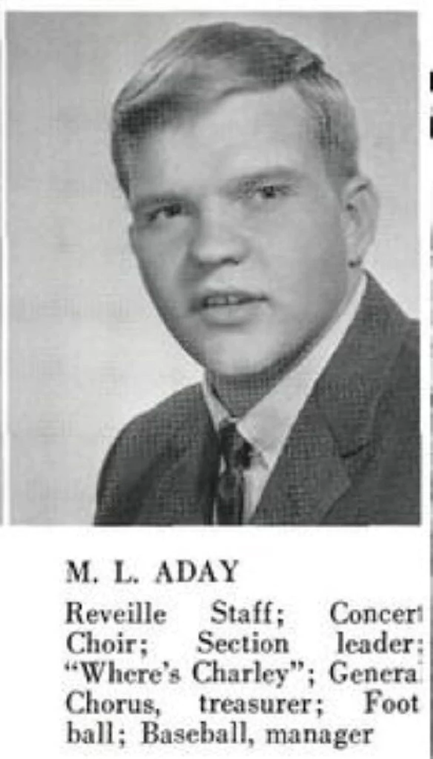 Marvin Lee Aday's 1965 Yearbook photo from Thomas Jefferson High in NW Dallas. RIP Meat Loaf ...