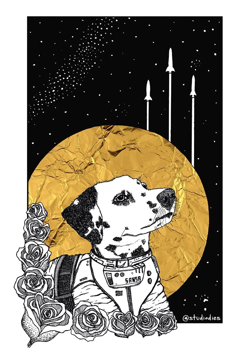 Cosmonaut Sansa, illustrated my dalmatian as a hopeful intergalactic traveler | Scrolller
