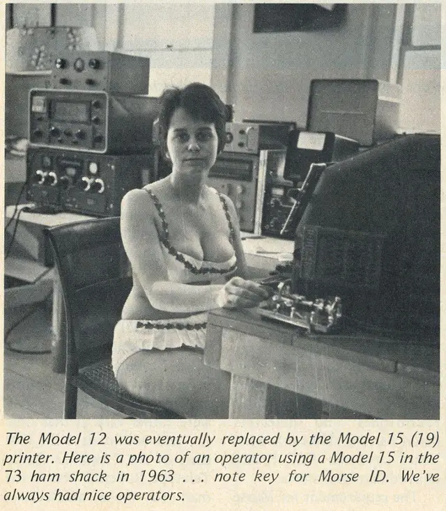A photo of a ham radio operator using a Teletype Model 15 paired with a Morse key. (1963 ...