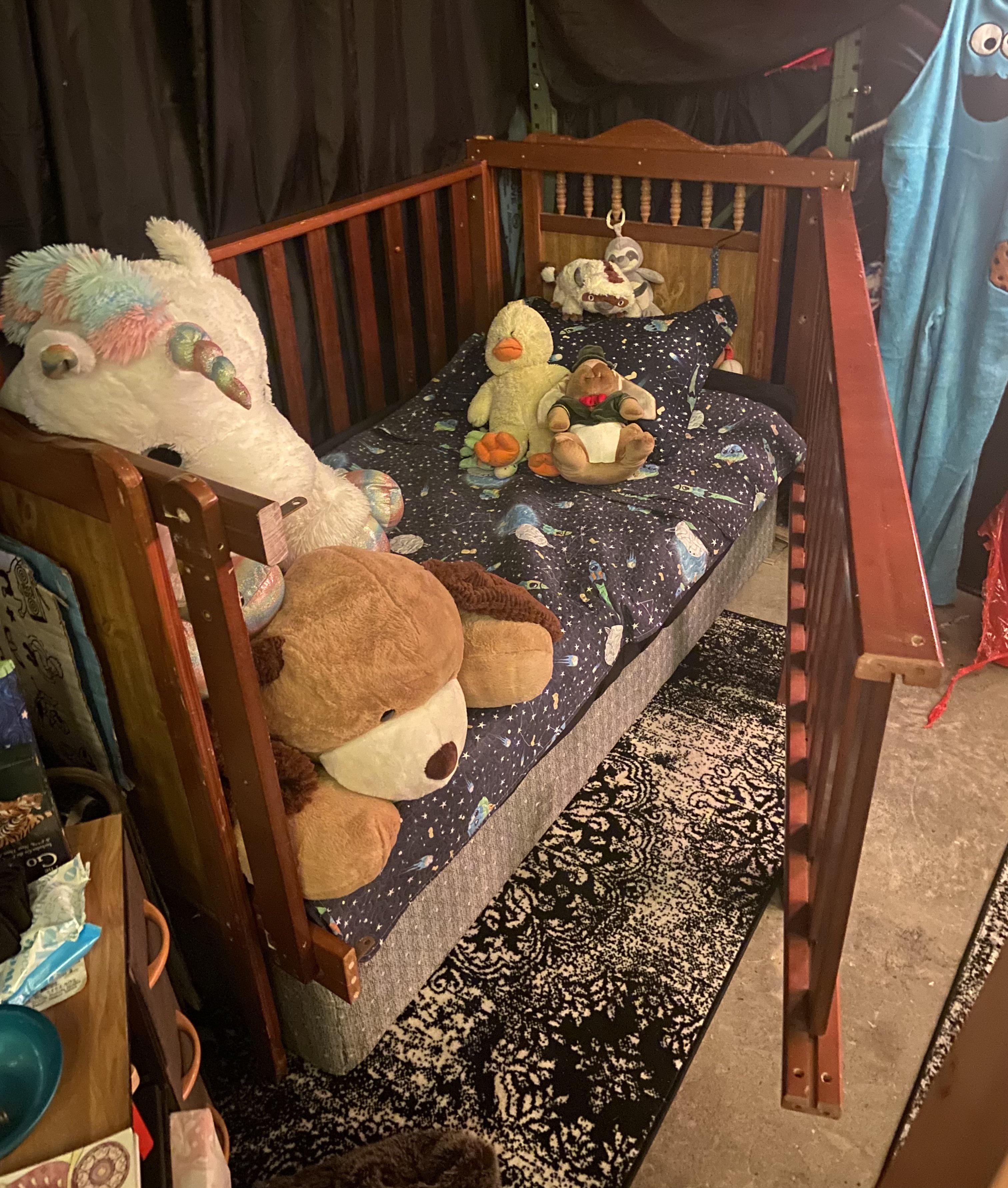 Adult / ABDL Crib - Wood futon frame and drop side wood crib joined to a twin bed. Final Product ...