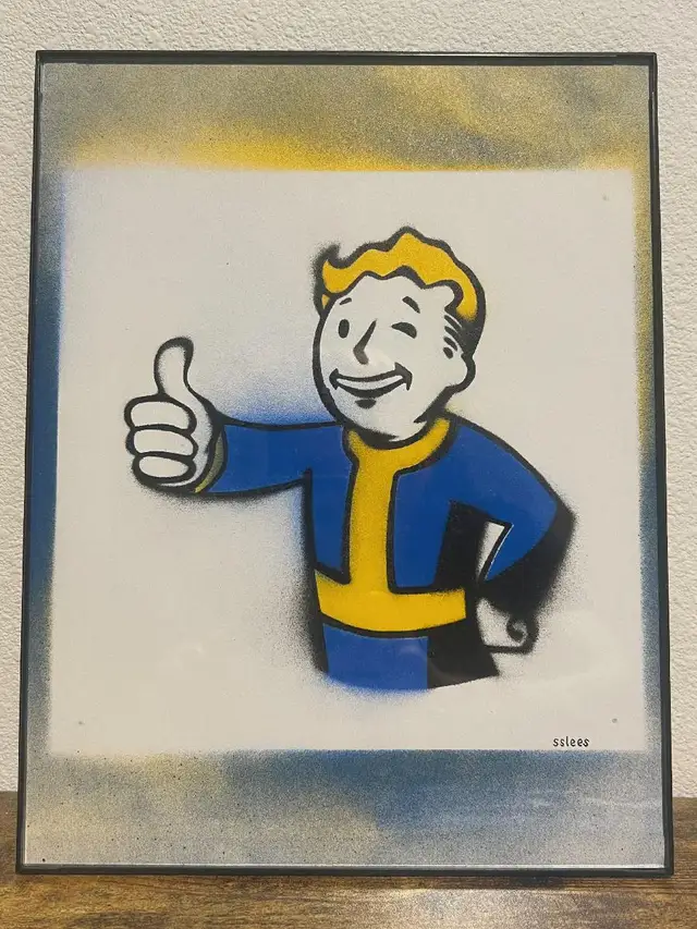 Vault Boy poster that I made by 3d printing stencils and spray painting. Link to cad models in ...
