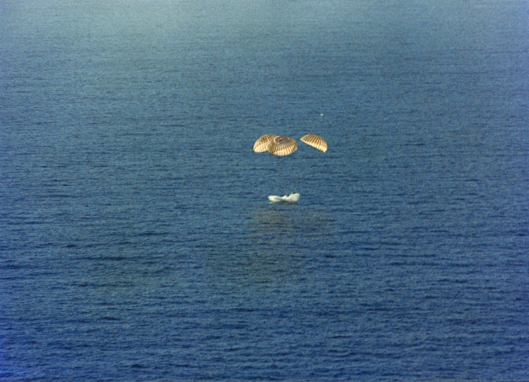The Skylab 4 Command Module splashes down in the Pacific Ocean southwest of San Diego ...