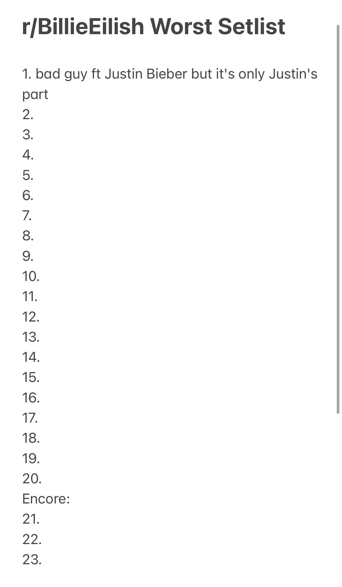 DAY TWO : r/BillieEilish Worst Setlist : We’re starting with bad guy but it’s only Justin ...