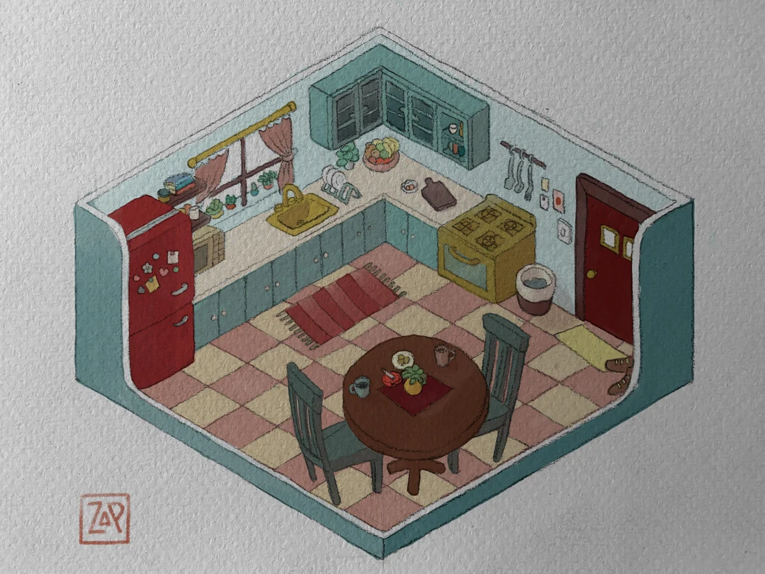 Cozy Kitchen, Me, Polychromos and digital coloring, 2023 | Scrolller