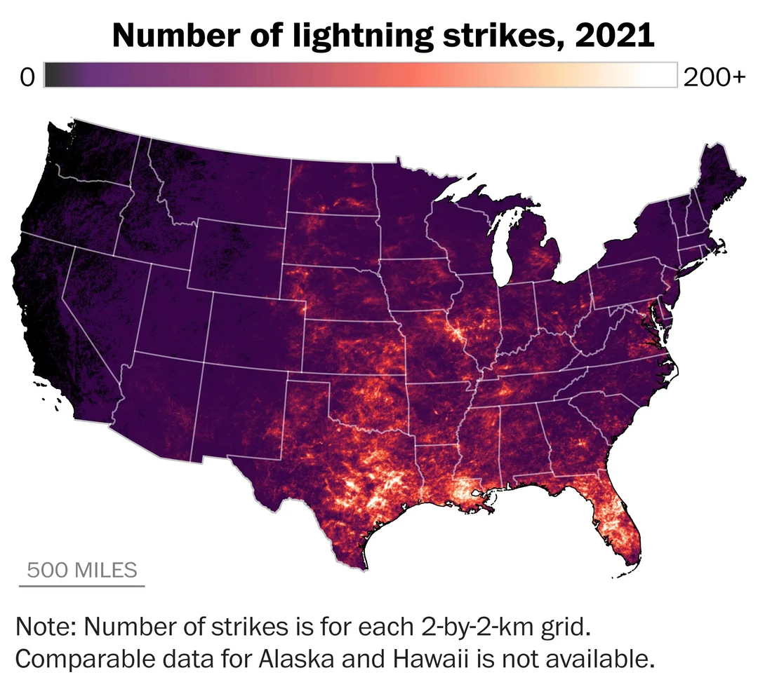 Lightning strike heat map (2021) | Scrolller