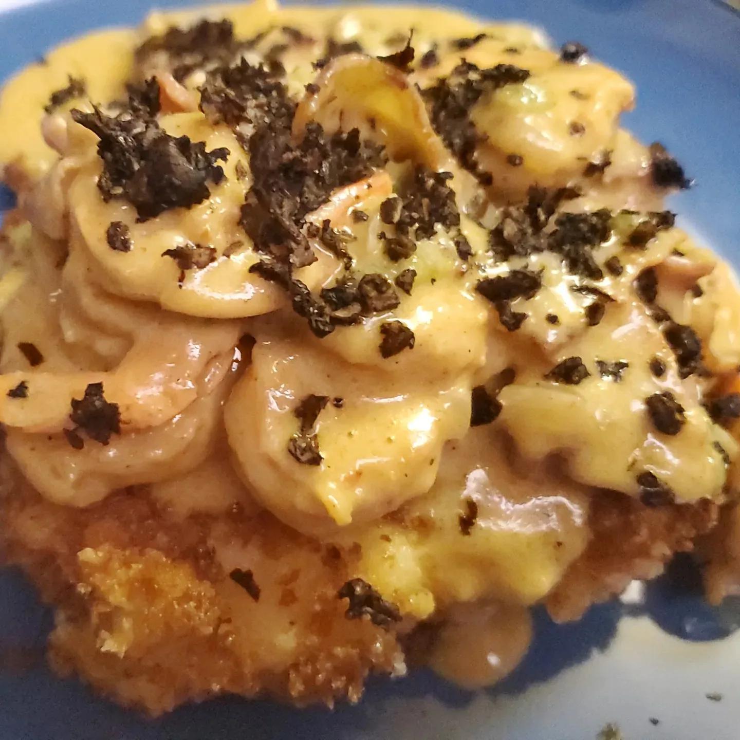 [Homemade] Shrimp and Fried Grit Cake with a Bacon Trinity Creme Sauce ...