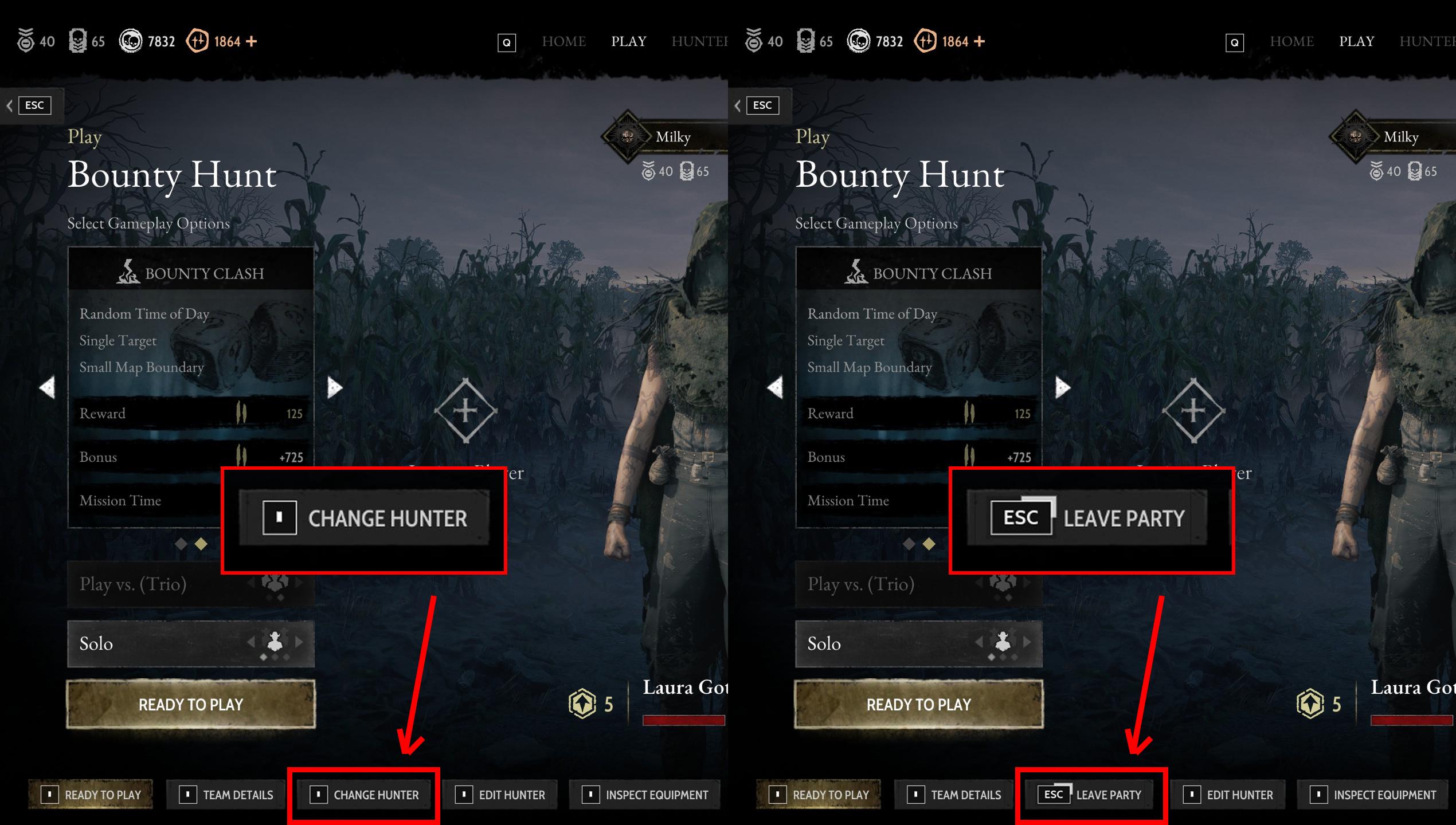 The “Change hunter” button is replaced by “Leave party” when you have a ...