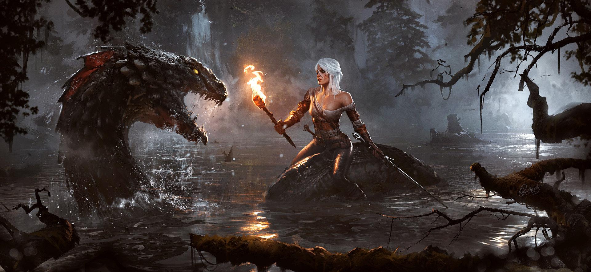 Discover more like Wallpapers: Ciri, through the marshes by Greg Rutkowski [1920x883] and ...