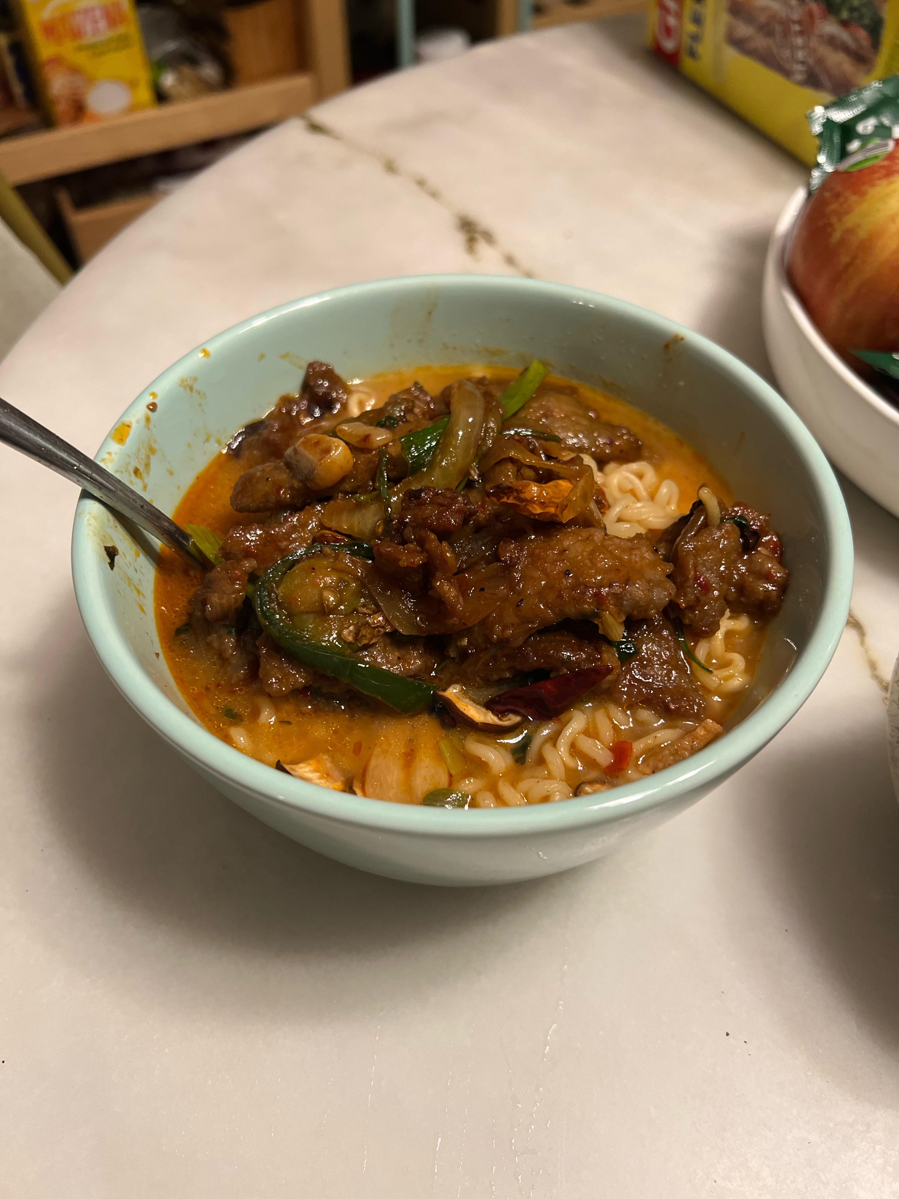 Shin Black with some homemade Spicy Beef and peppers | Scrolller