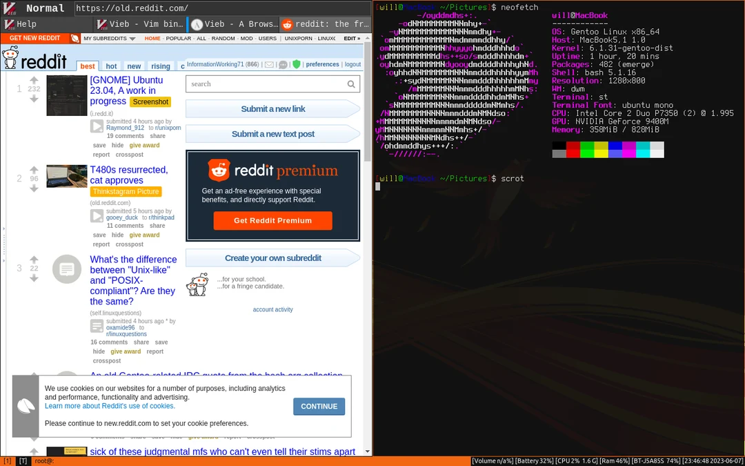 [dwm] After about 7 days I have a fully functional Gentoo install on my 2008 MacBook | Scrolller