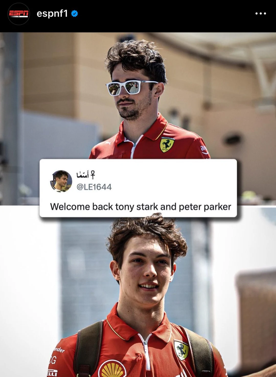 Charles LeClerc as Tony Stark and Oliver Bearman as Peter Parker - F1's Superhero Duo! | Scrolller