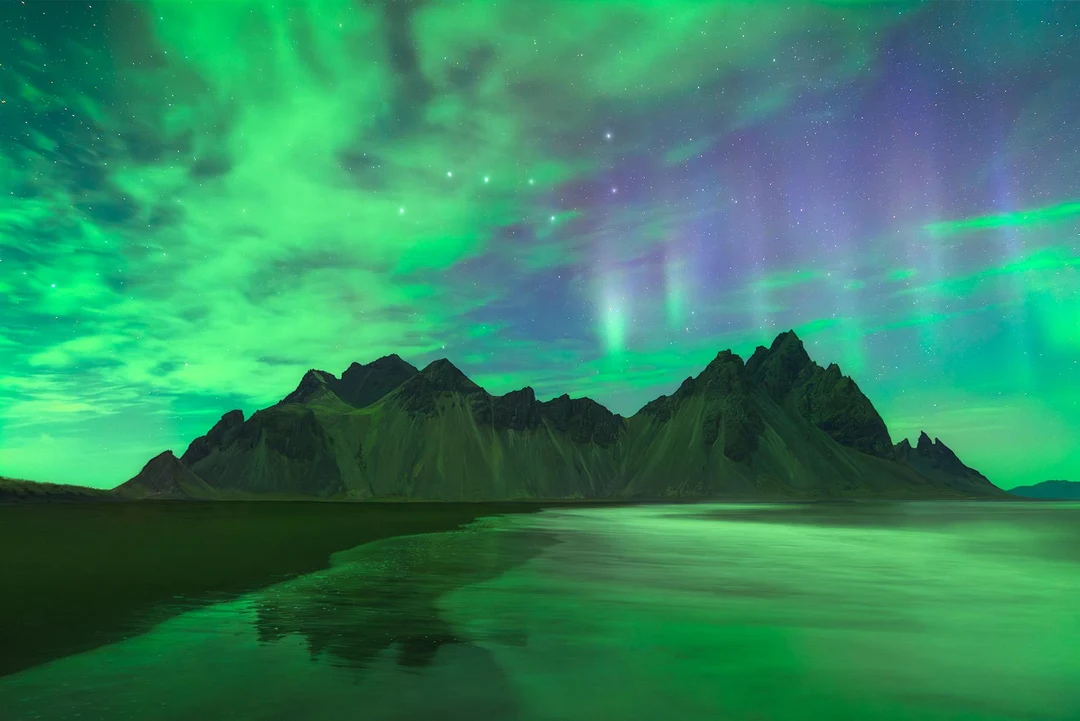 Big Dipper and aurora borealis above Vestrahorn Mountain in Iceland | Scrolller