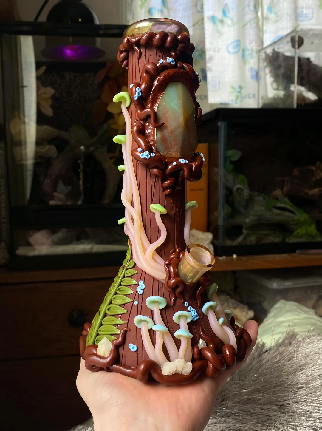 Woodsy mushroom glass piece, me, polymer clay, 2023 | Scrolller