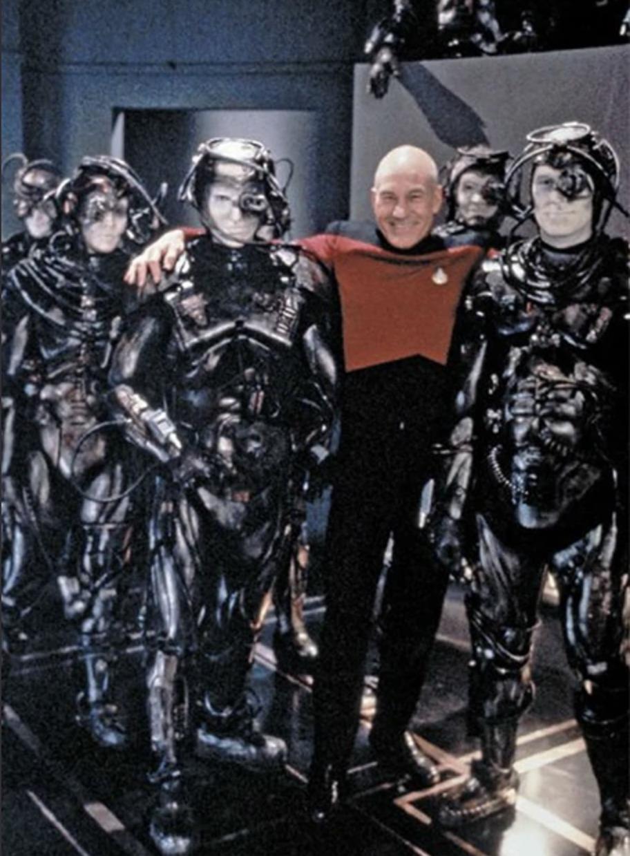 Patrick Stewart behind the scenes with Borg cast members on Star Trek: The Next Generation (1993 ...