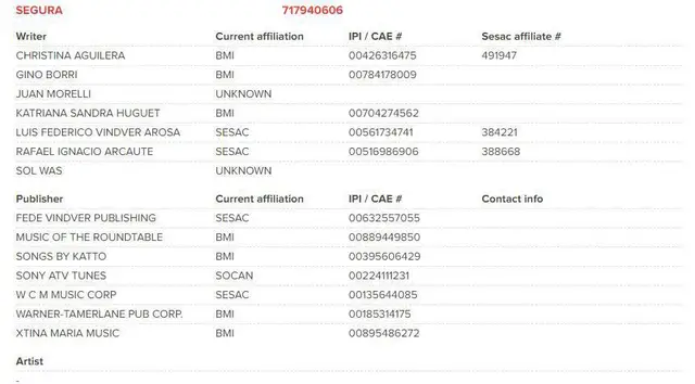 #INFO • A equipe de Christina registrou “Segura” no SESAC. A música conta com os mesmos ...