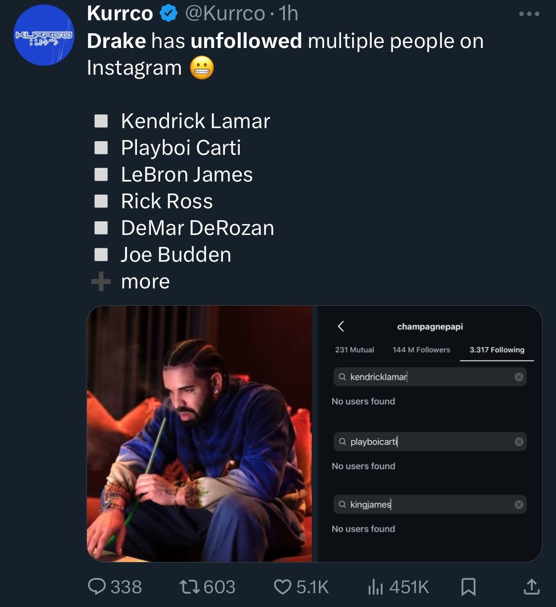 Drake has unfollowed Lebron James, Kendrick Lamar, DeMar DeRozan, Joe Budden, Playboi Carti ...