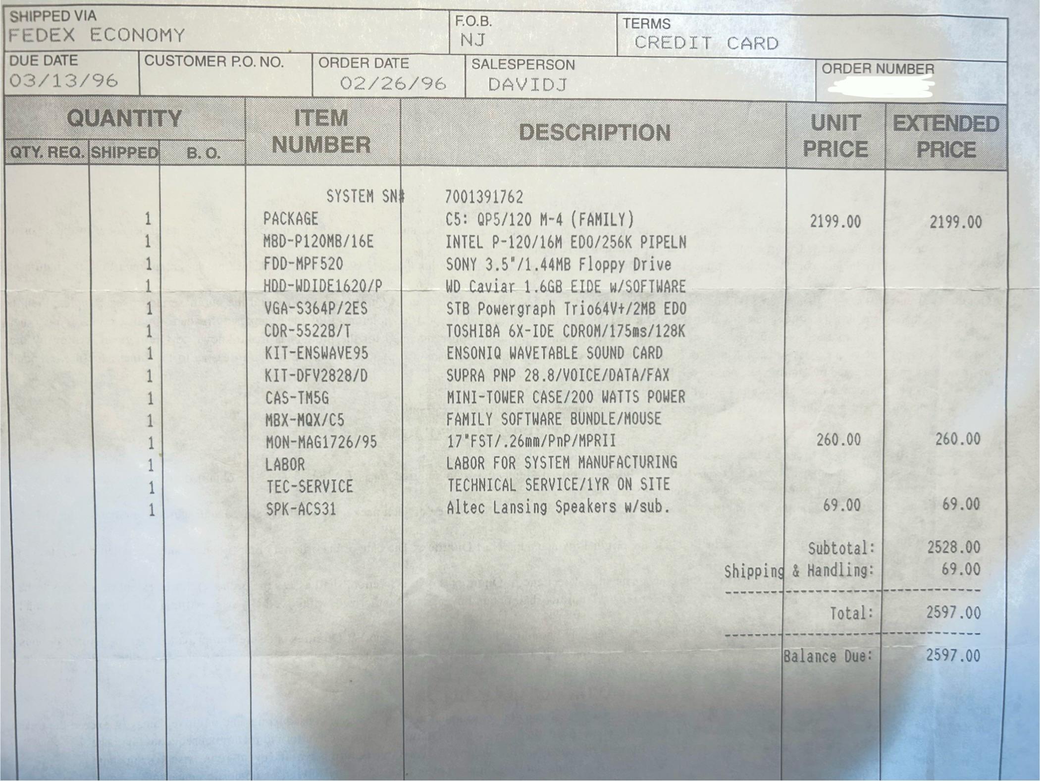 Receipt from my family’s first PC 28 years ago. | Scrolller