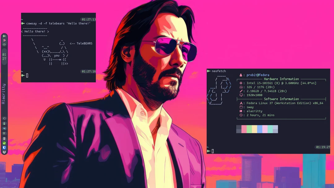[SwayWM] Vaporwave Keanu in a catppuccin Fedora | Scrolller