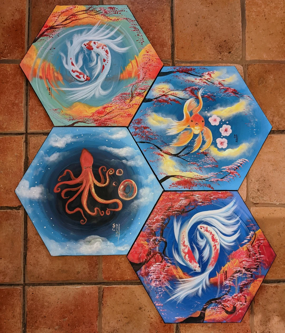 Hexagon Aquarium series, by me, acrylic on hexagonal canvas, 2022 | Scrolller