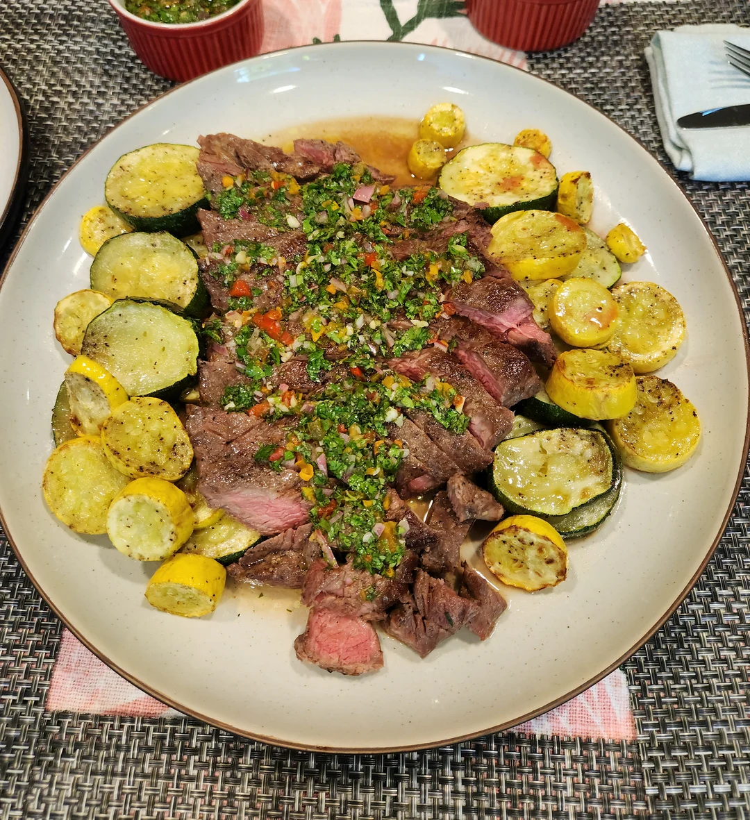 Bavette Steak 3 hours at 134, finished in cast iron with butter, topped with chimichurri and ...