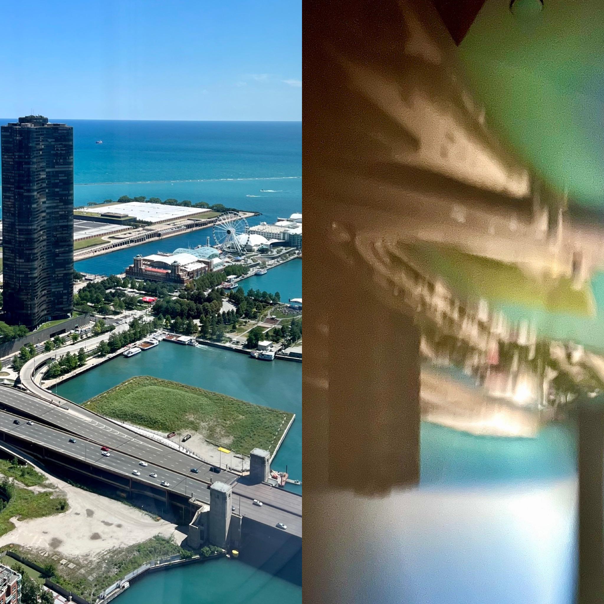 The view from a high rise, and the same view cast on the wall through a crack in the blinds ...