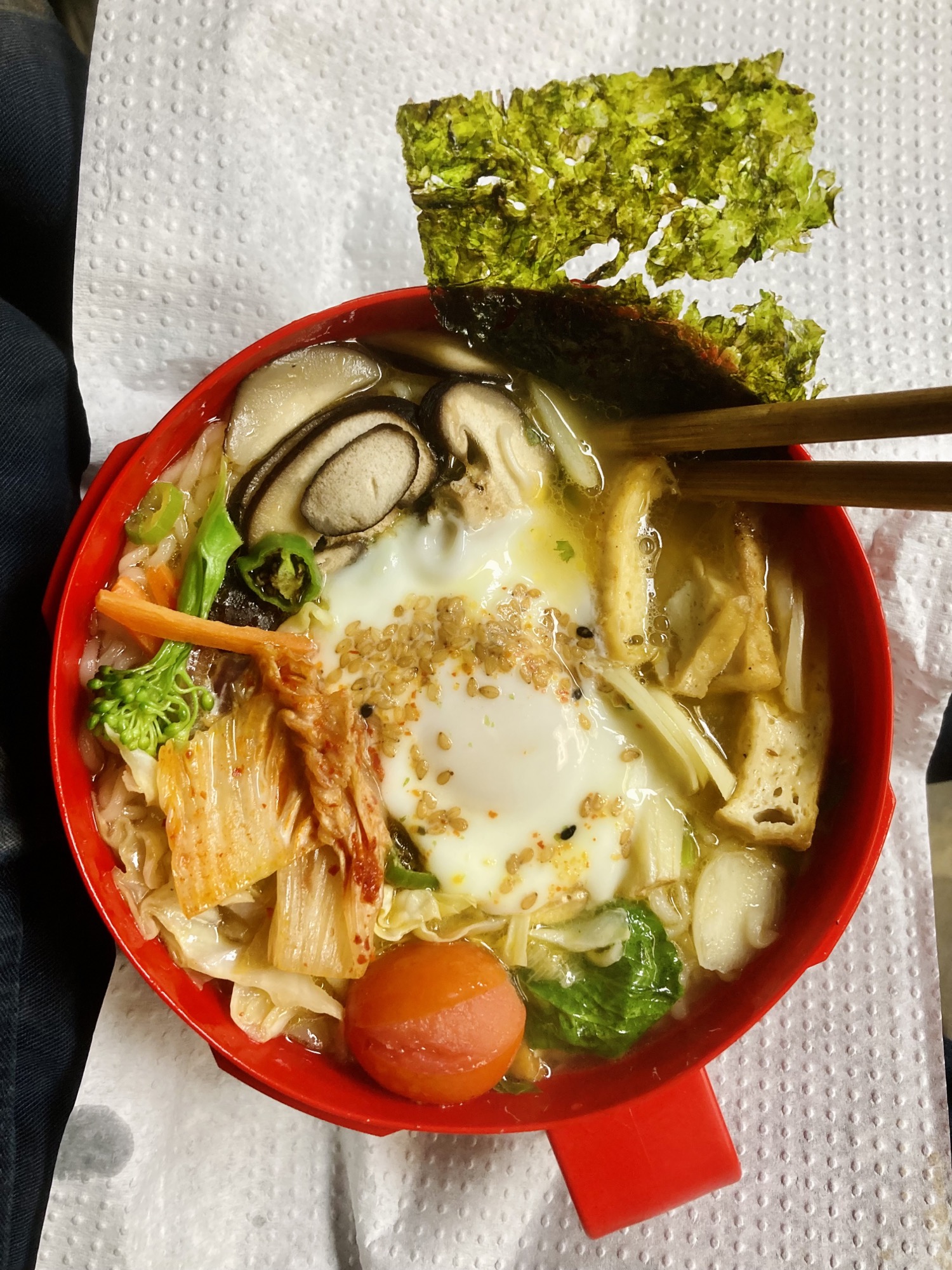 Good morning. JML Artificial Chicken and mushroom Ramen with egg, tofu and veggies. Have a great ...