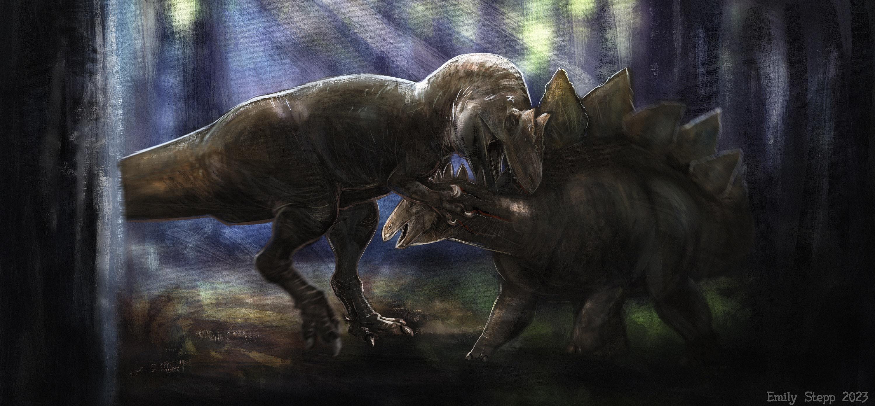Jurassic Beast: a hungry Allosaurus ambushes a Stegosaurus in a darkened forest. - art by Emily ...