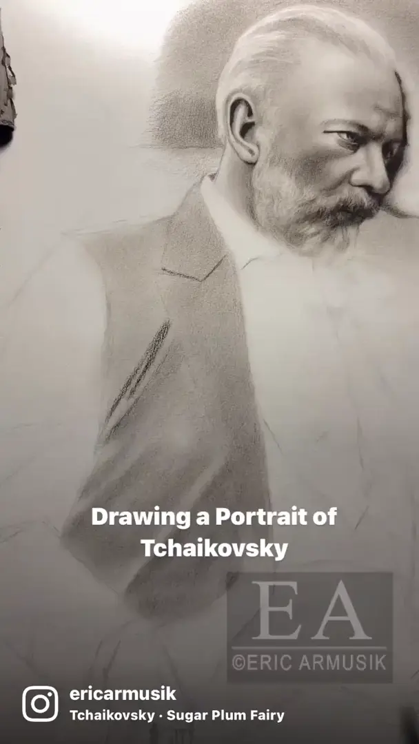 Drawing a portrait of Tchaikovsky, 18 x 25”. Available soon. | Scrolller